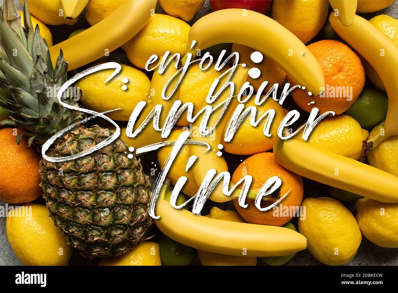 top view of colorful delicious summer fruits with enjoy your summertime ...