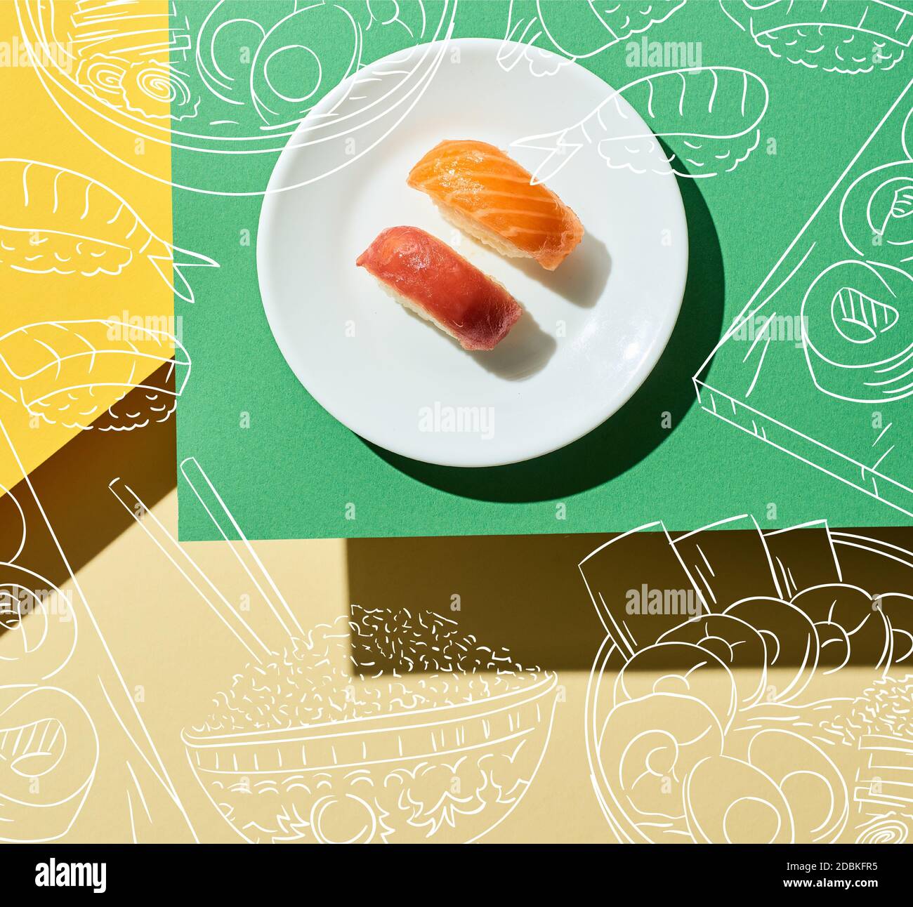 top view of fresh nigiri with salmon and tuna near japanese food ...