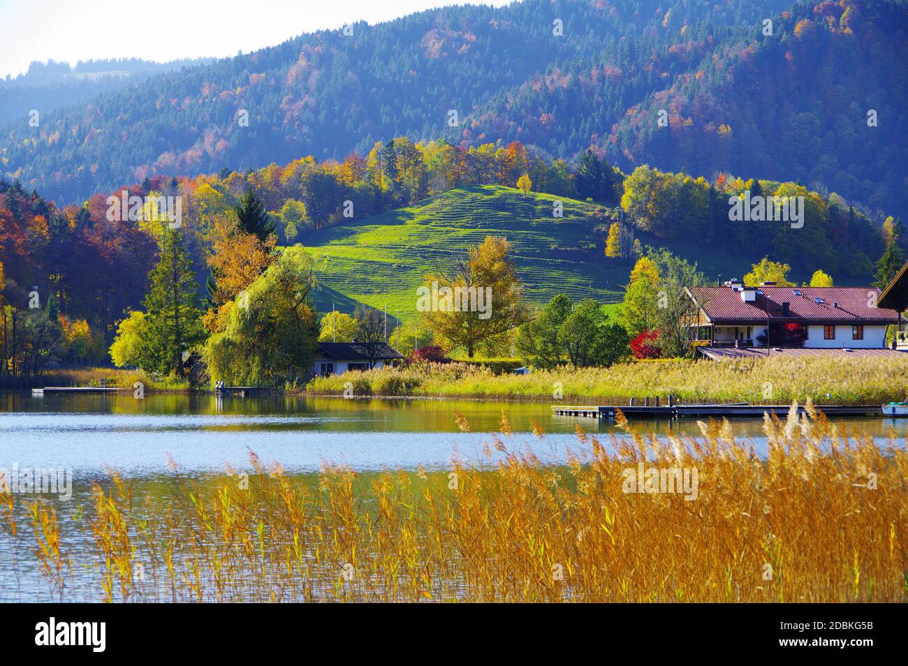 Southern german landscape with lake mountains in fairytale autumn ...