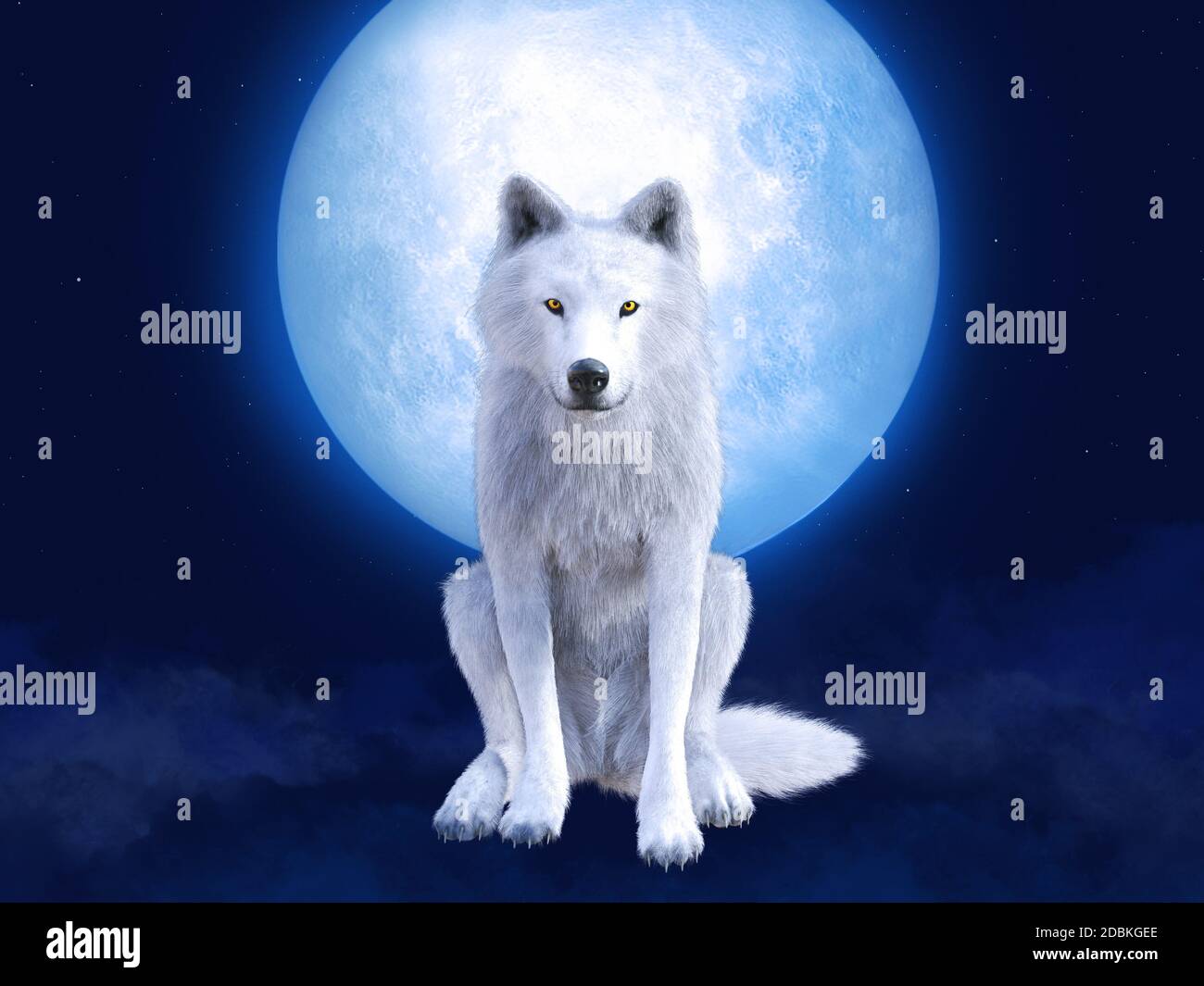 3D rendering of a majestic white wolf sitting in front of a big moon ...
