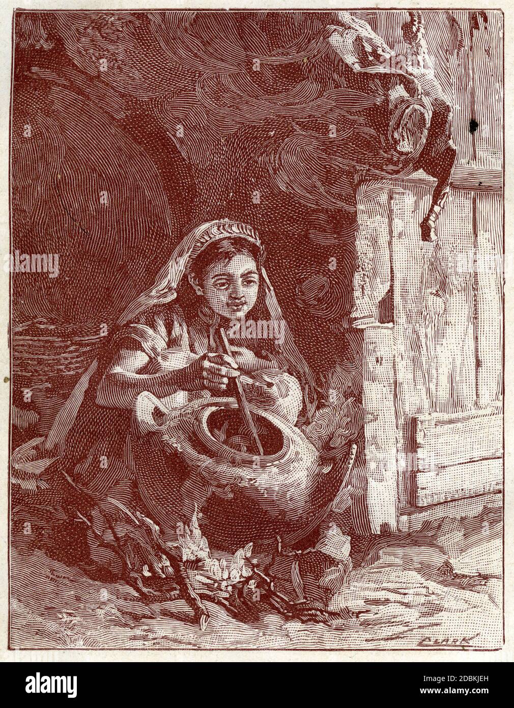 Engraving of a woman stirring a seething pot or cauldron Stock Photo ...