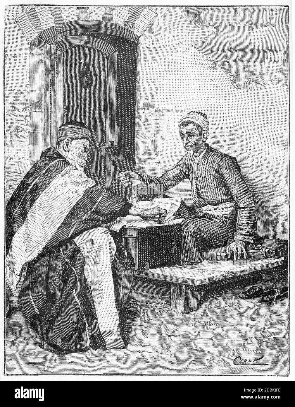 Engraving of a scribe sealing a letter in the market place Stock Photo ...