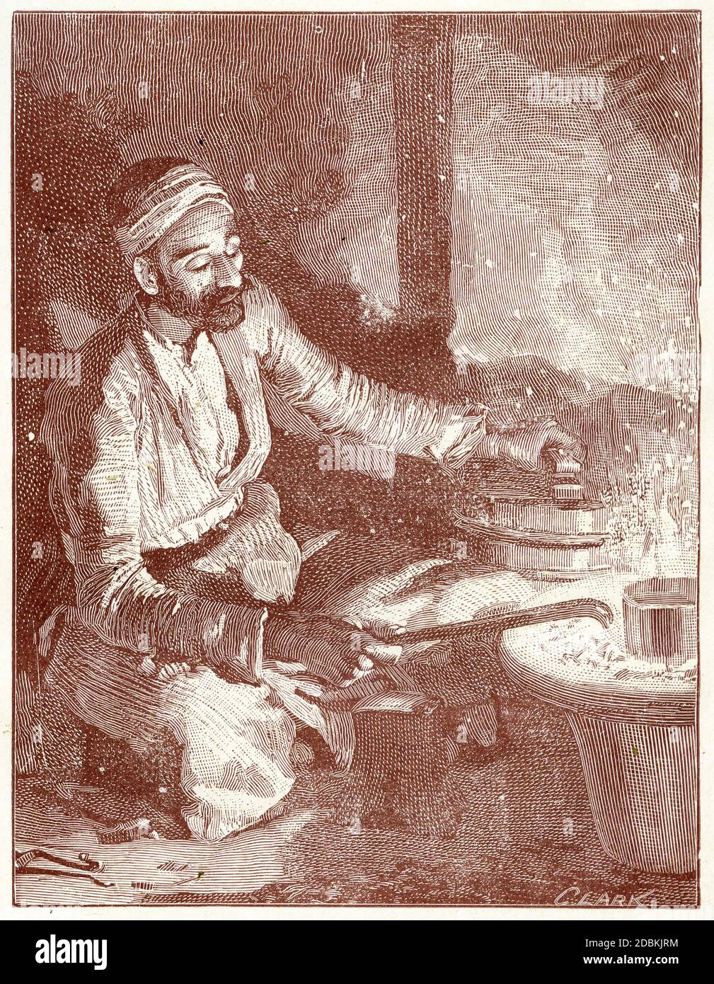 Engraving of an ancient silversmith at work refing his silver Stock ...