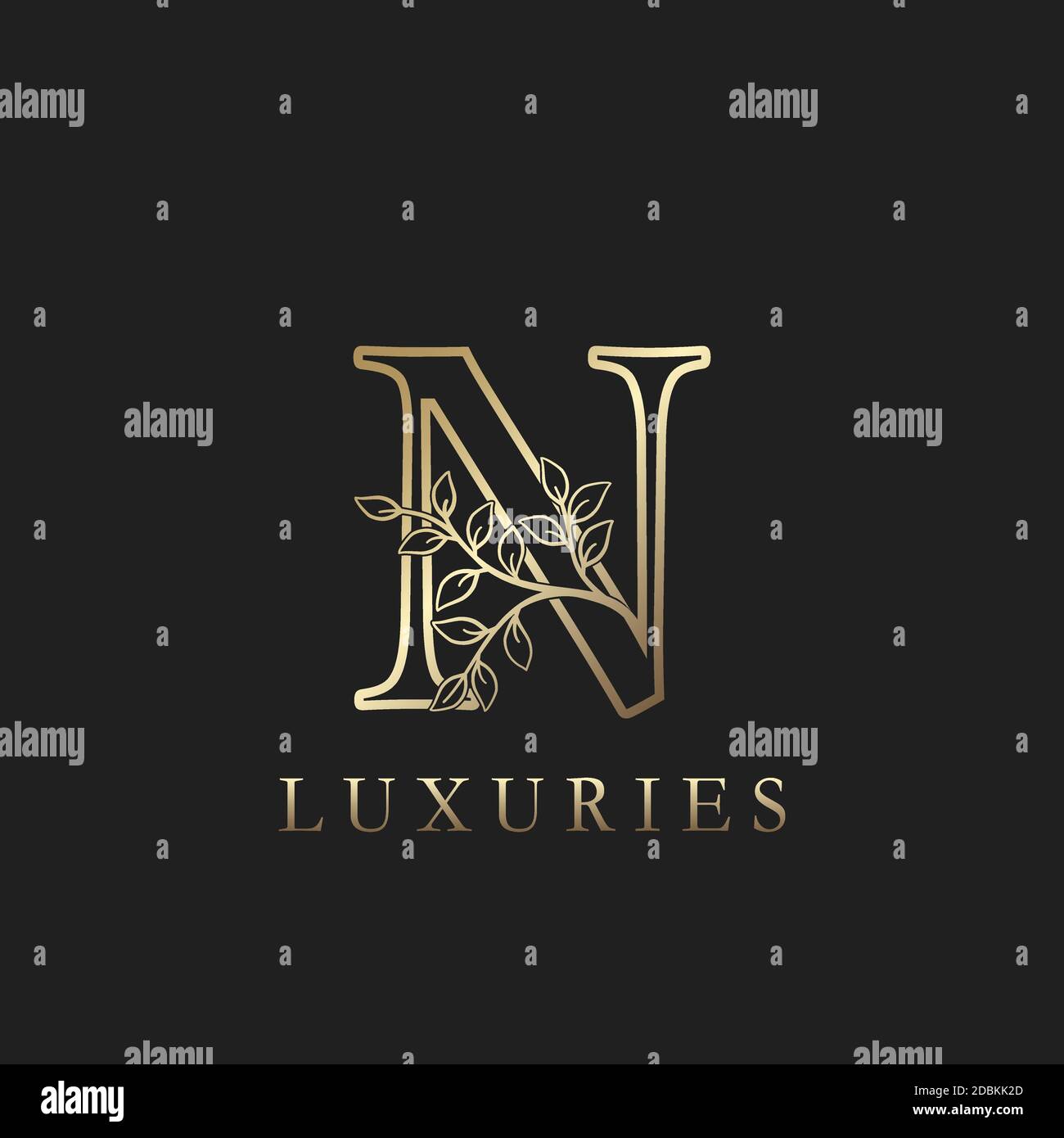 Gold luxury Floral Leaf Initial Letter N Logo Concept Outline Monogram ...