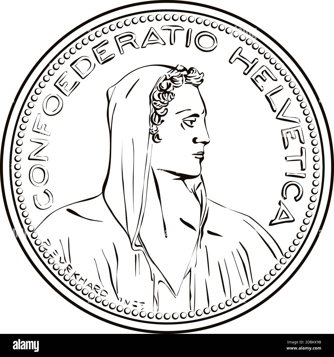 Black and white sketch of Obverse 5 Swiss Francs coin with alpine ...