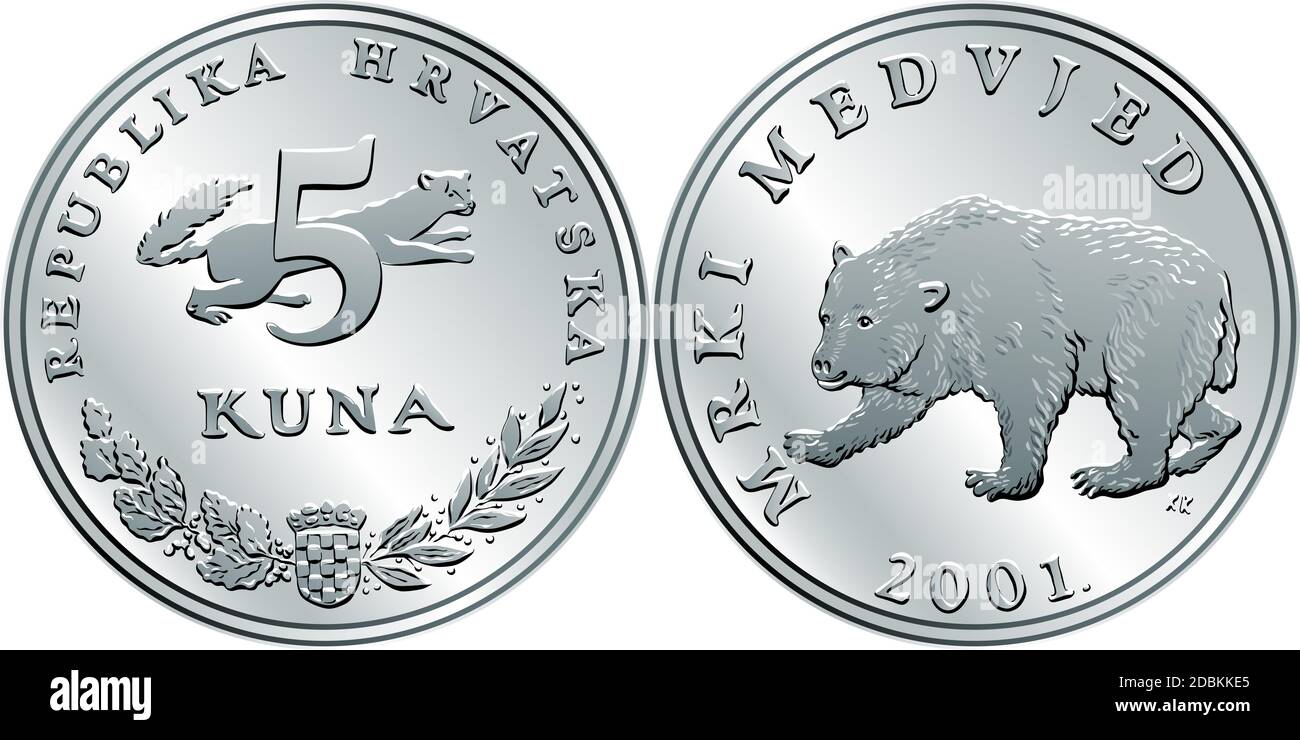 Croatian 5 kuna coin, Brown bear on reverse, marten, coat of arms ...