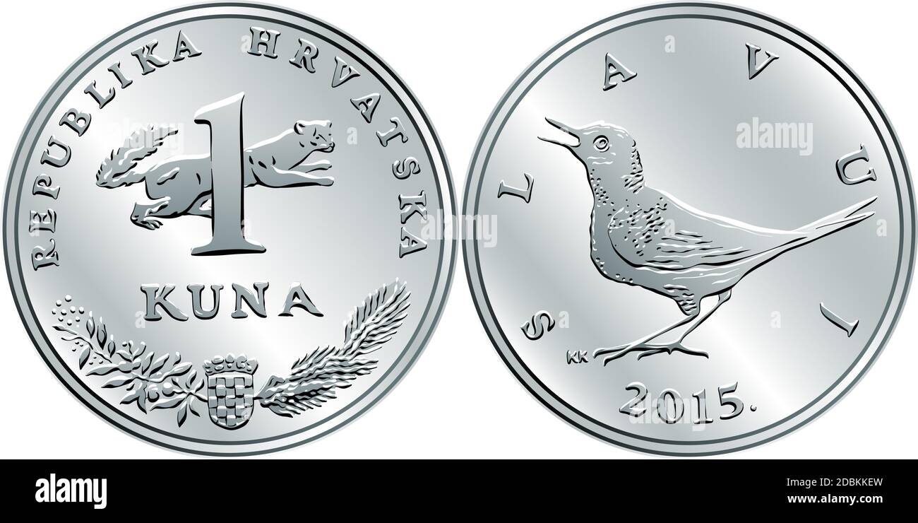 Croatian 1 kuna coin, Nightingale on reverse, marten, coat of arms ...