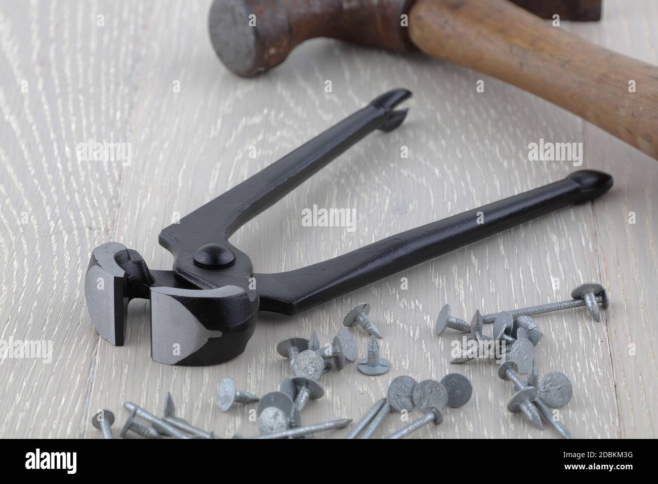 Carpentry tools carpenters pliers pincers claw hammer nails and tacks ...