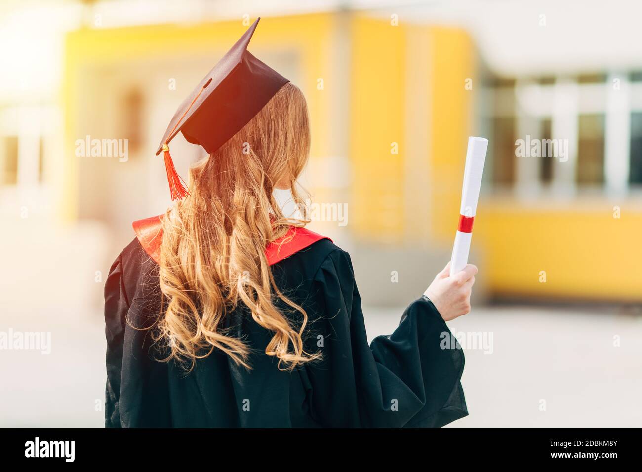 Graduation day, back view, a young student in a graduation cap and ...