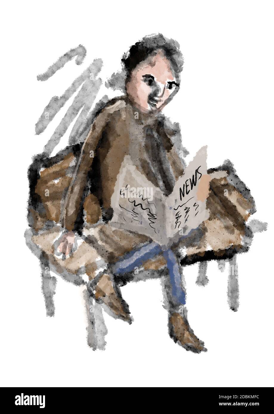 man reading paper sketchy illustration Stock Photo - Alamy