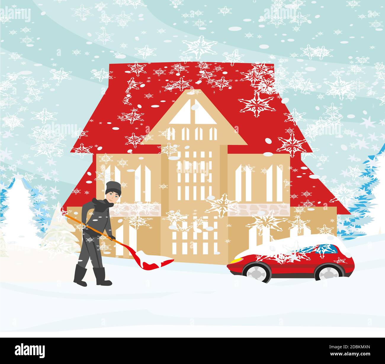 Man shoveling snow on winter landscape Stock Photo - Alamy