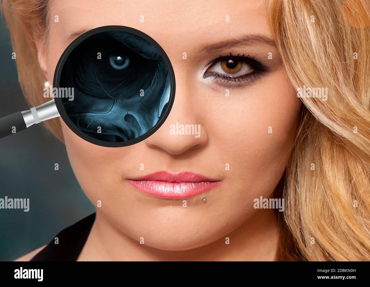 The X-ray with a magnifying glass from the face part of a human, the ...