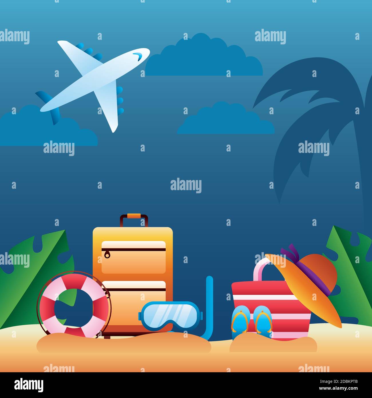 hello summer season with airplane flying and accessories on the beach ...