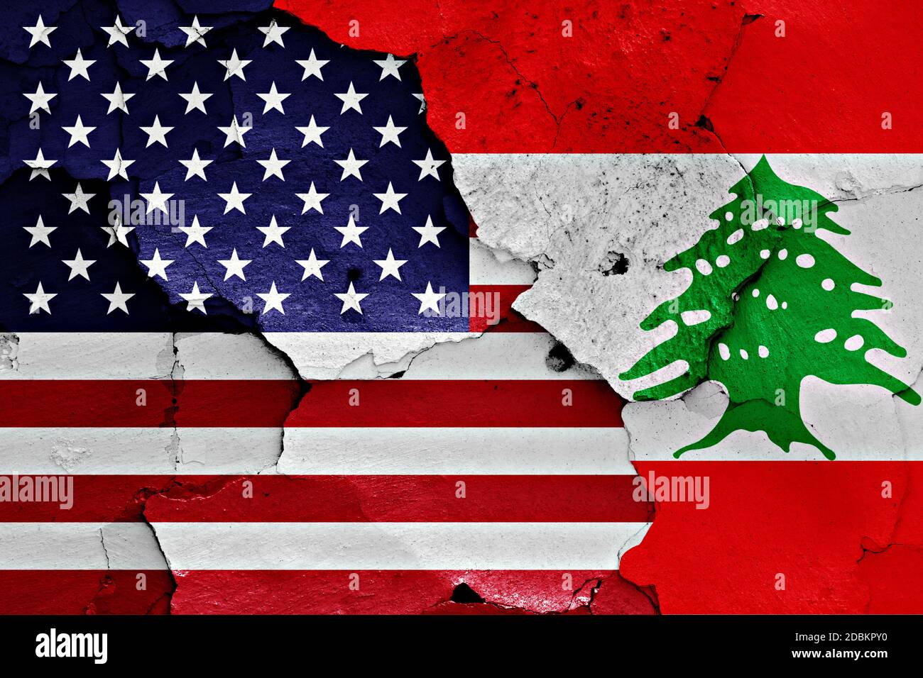 flags of United States and Lebanon painted on cracked wall Stock Photo ...