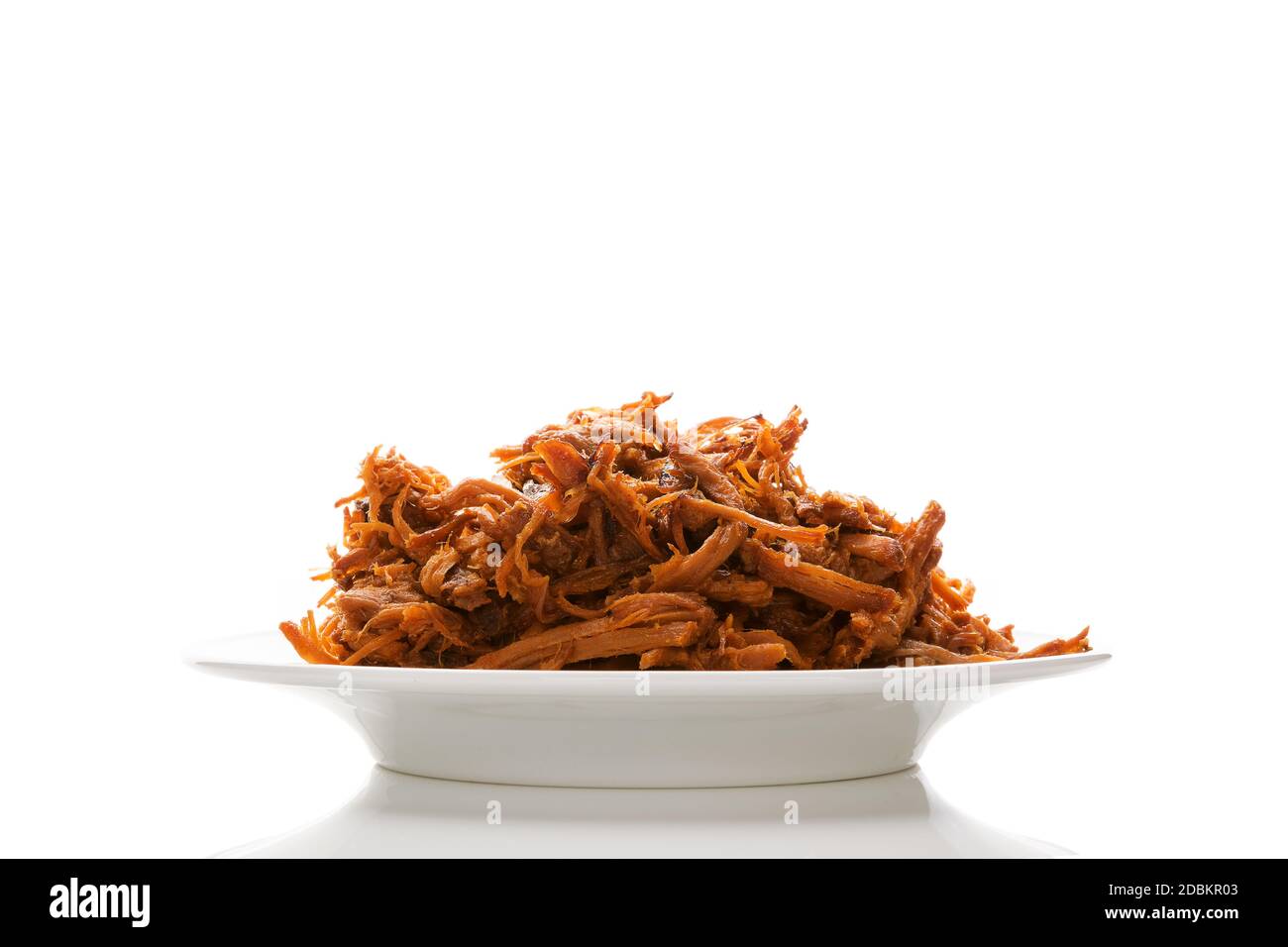 Traditional barbecue pulled pork on plate isolated on white background ...