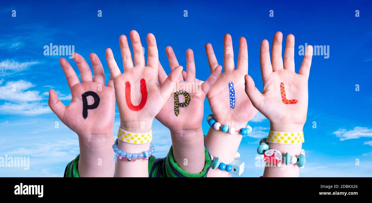 Children Hands Building Colorful English Word Pupil. Blue Sky As ...