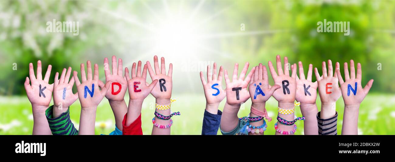 Children Hands Building Colorful German Word Kinder Staerken Means ...