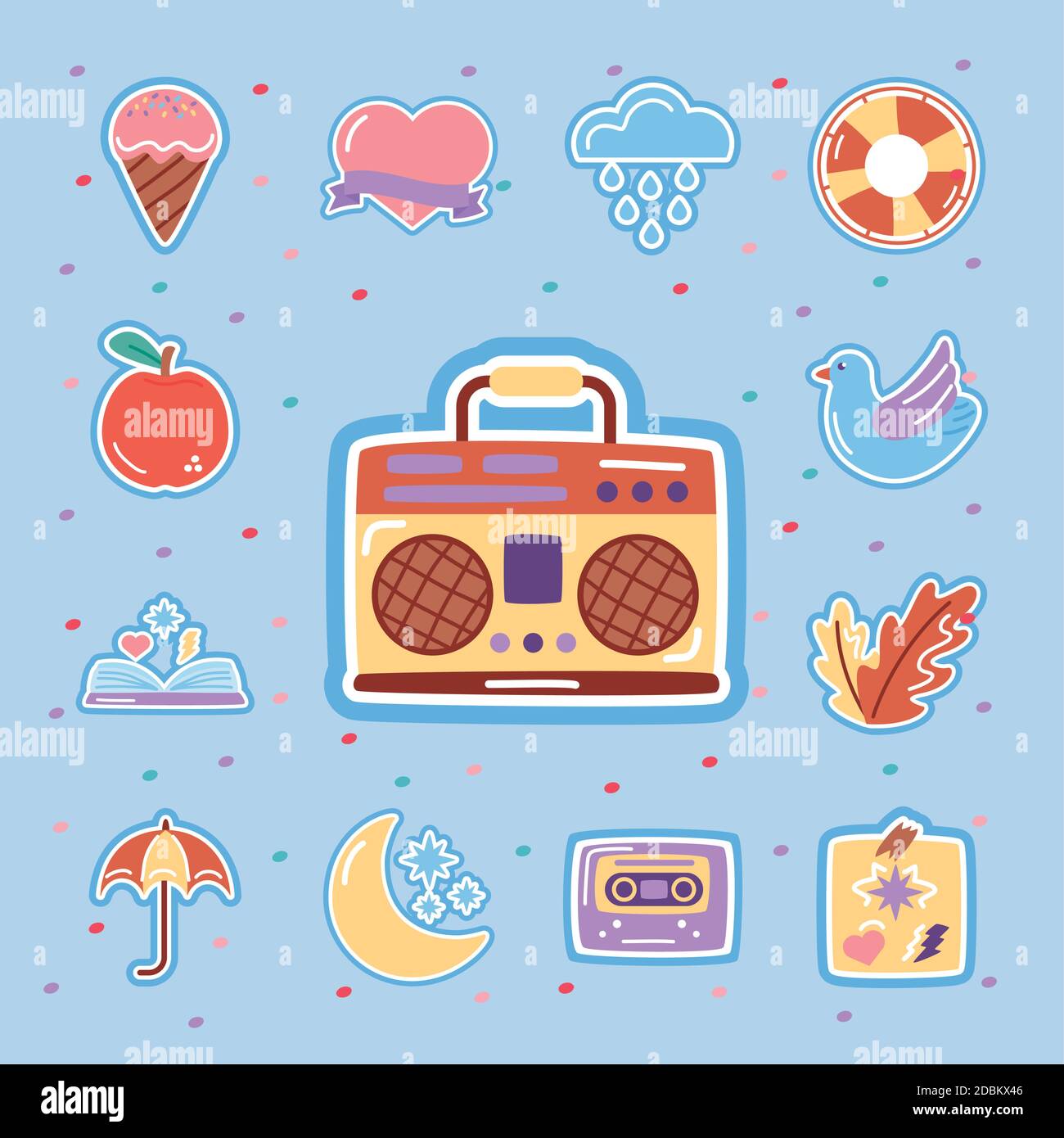 retro radio with set stickers flat style icons vector illustration ...