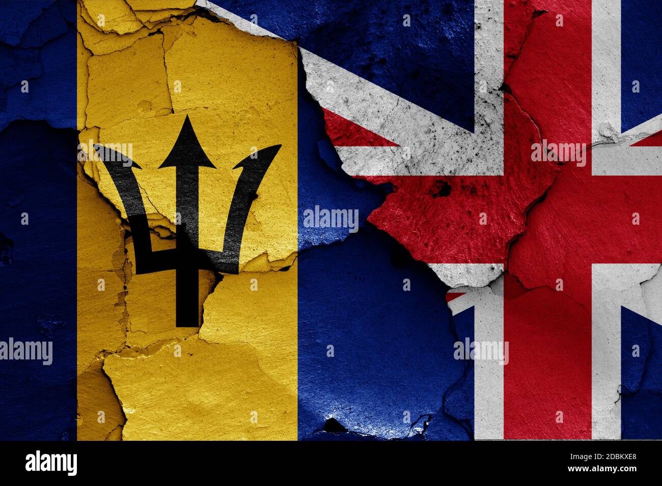flags of Barbados and UK painted on cracked wall Stock Photo - Alamy