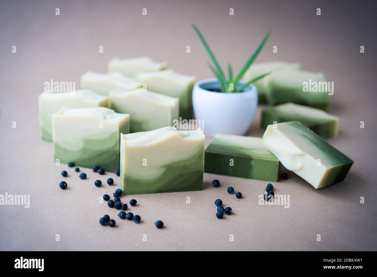 Handmade soap bars with real juniper Stock Photo - Alamy