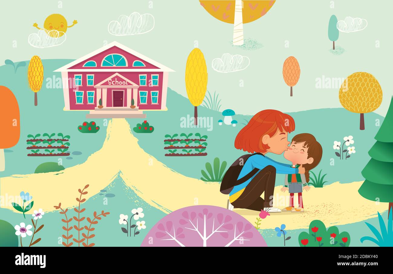 Illustration of a Mother Gives a Goodbye Kiss to her daughter. Mum ...