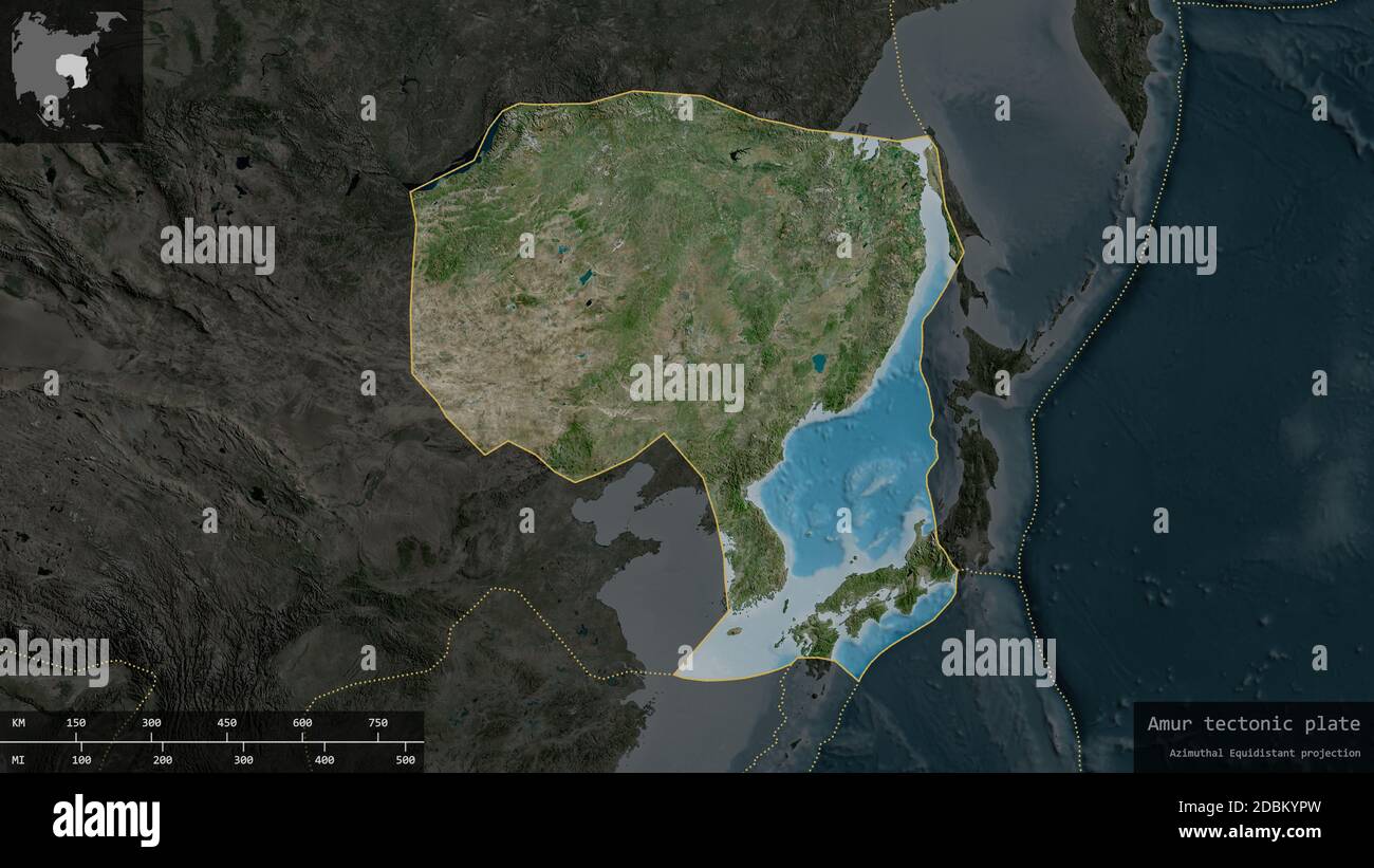 Amur plate shape outlined on a darkened and desaturated background of ...