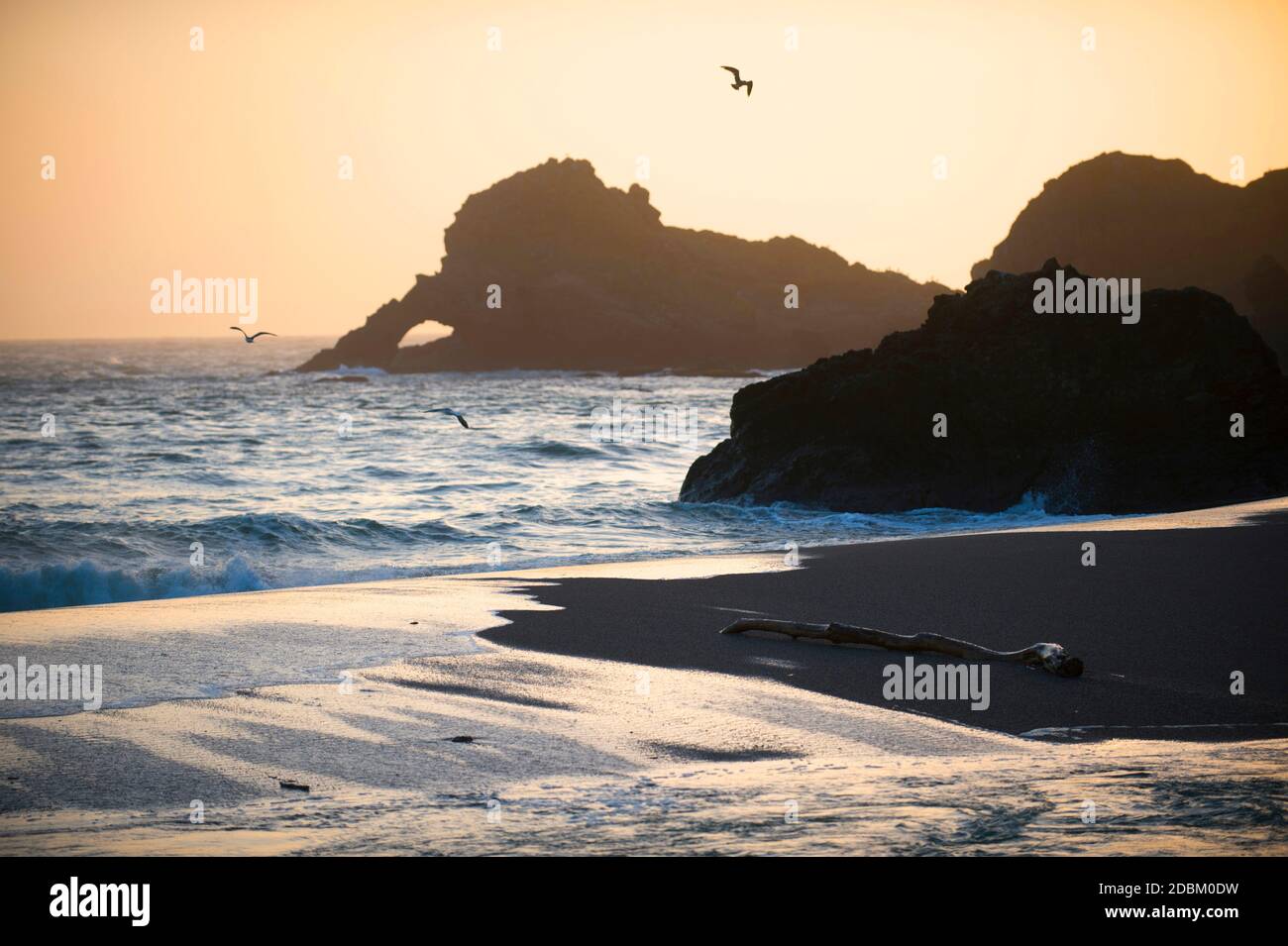 Beach and rock formations on seashore at sunset, Pacific Coast Highway ...