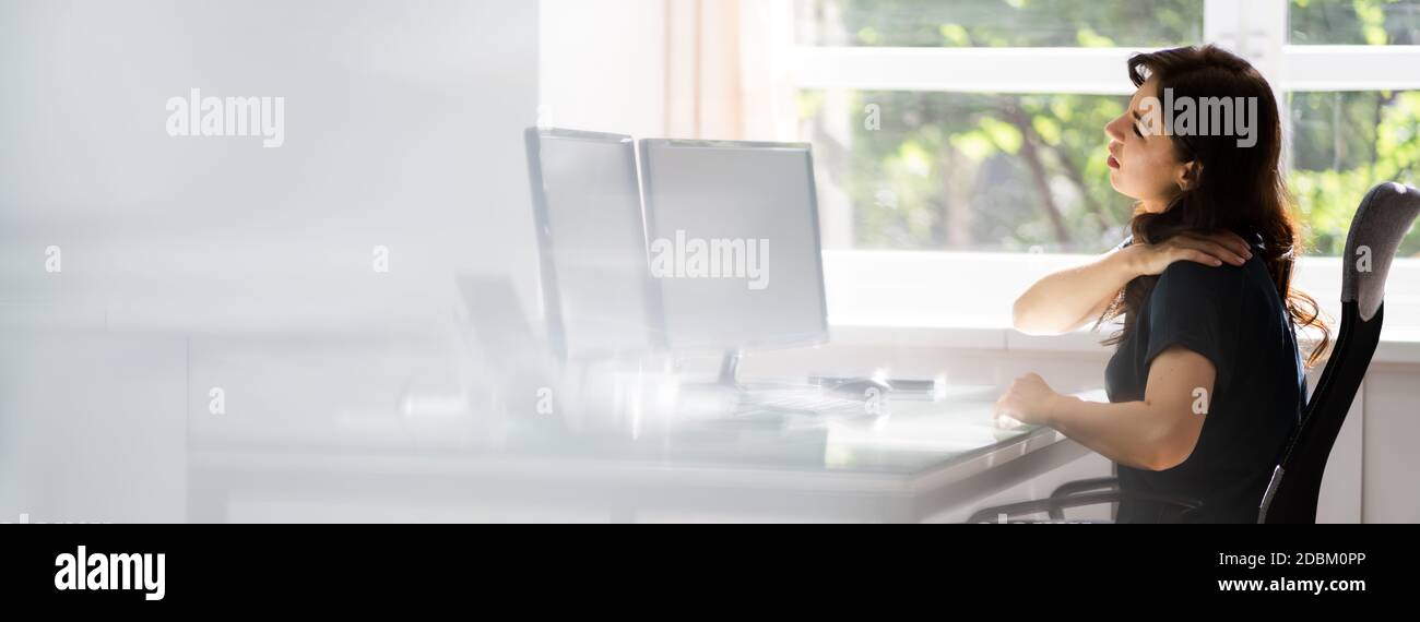 Neck Pain While Working At Computer. Bad Posture Stress Stock Photo - Alamy
