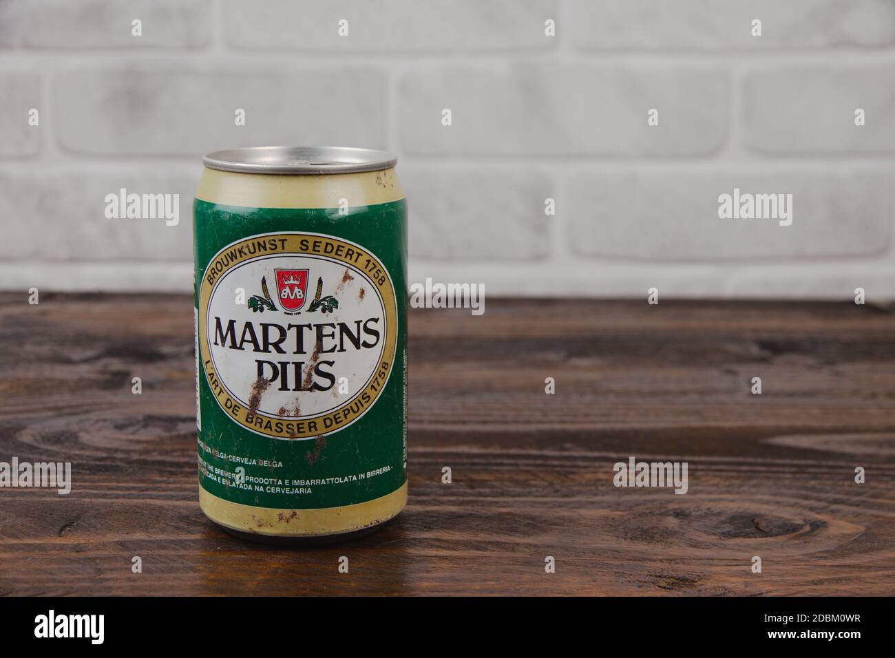 An old aluminium can of Martens beer against the brick wall Stock Photo ...