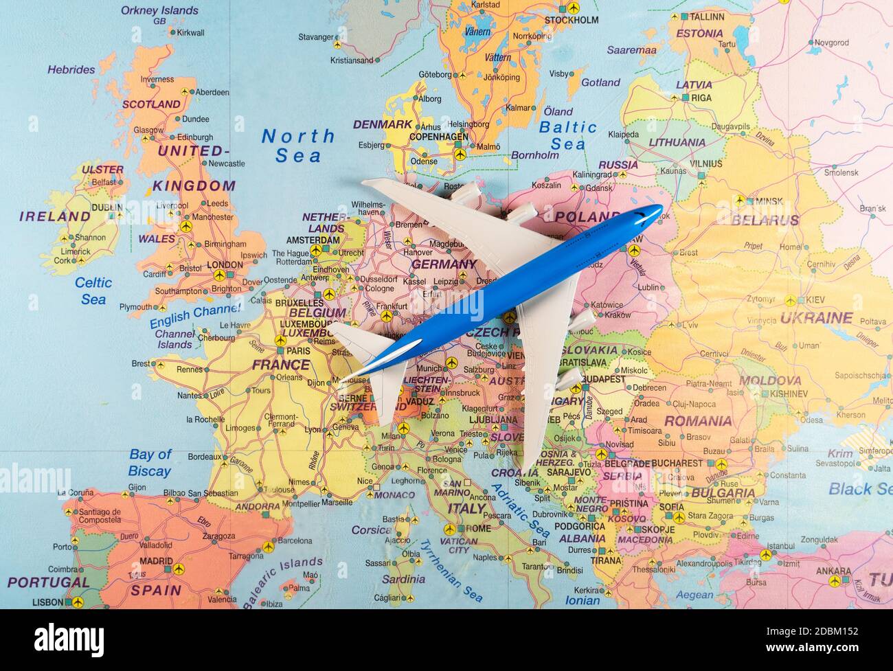 Toy of a plane on the Europe map Stock Photo - Alamy