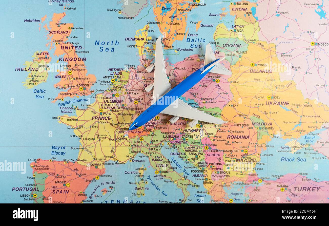 Toy of a plane on the Europe map Stock Photo - Alamy