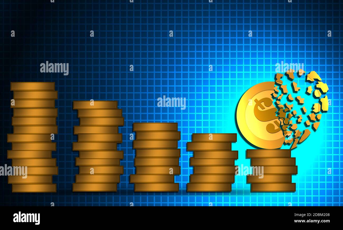 Decrease of coin stacks bars and shattered coin. 3d rendering Stock ...