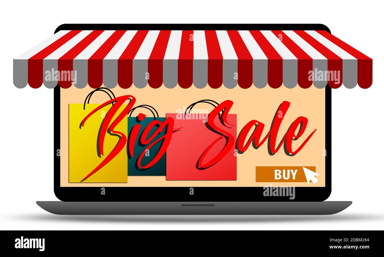 Laptop represent of front of shop store. Ecommerce store concept. 3d ...