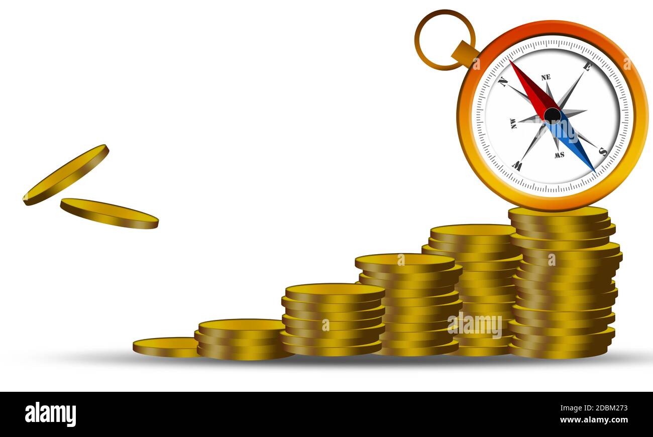 Compass with stack of gold coins, 3d rendering Stock Photo - Alamy