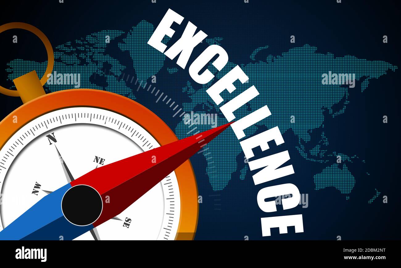 Magnetic compass with needle pointing Excellence word, 3d rendering ...