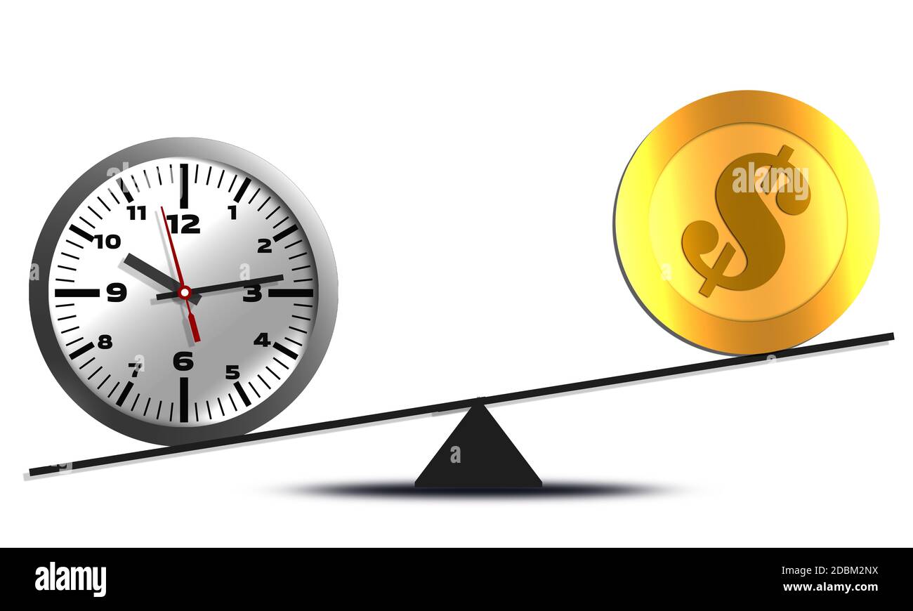 Money and time balance on seesaw 3d rendering Stock Photo - Alamy