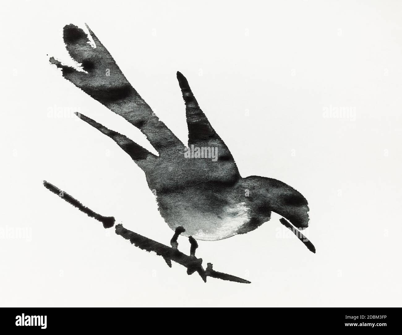 bird on twig of reed hand-drawn by black ink on old textured paper in ...