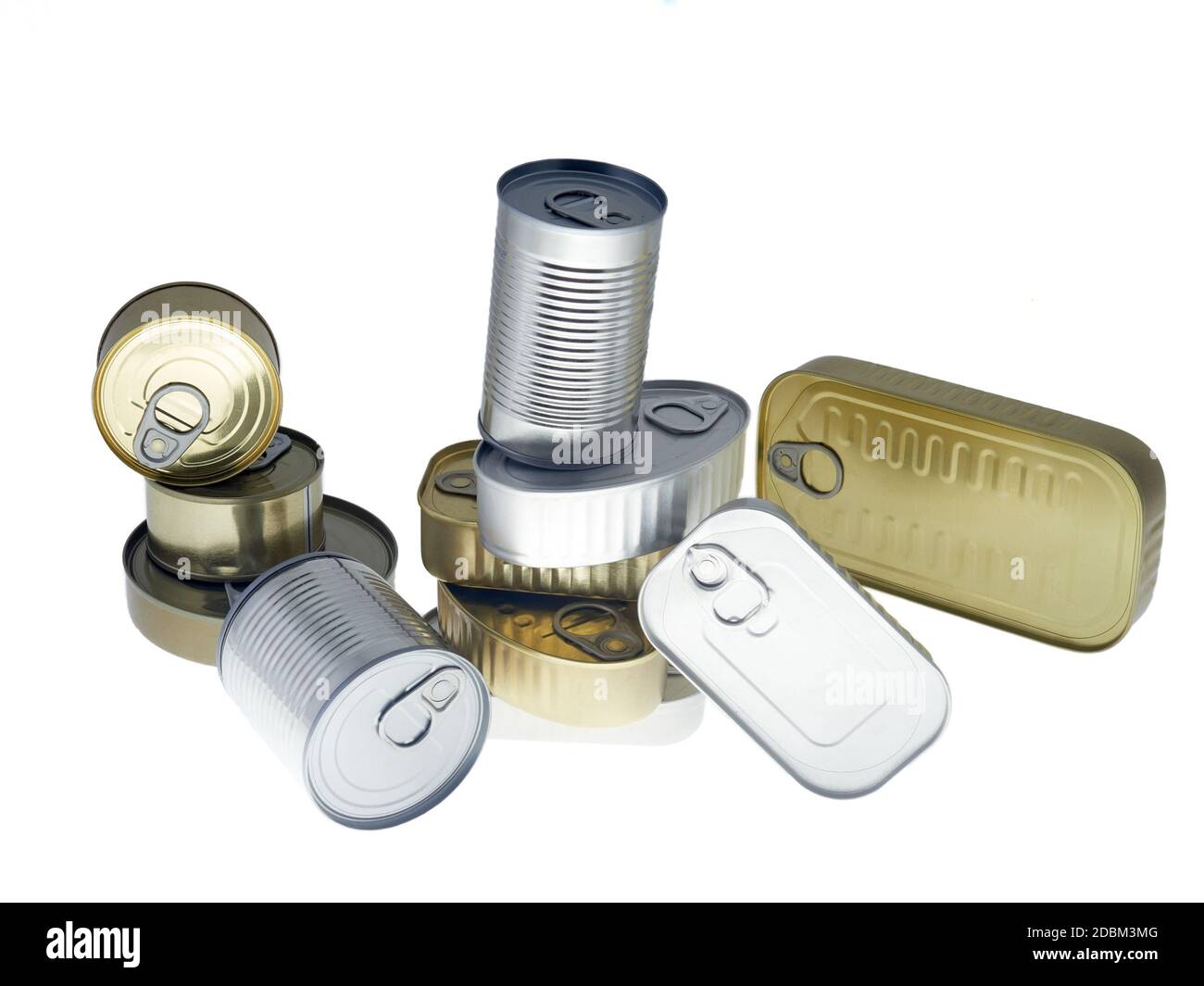 Different types of cans with prepared foods for consumption, vegetables ...