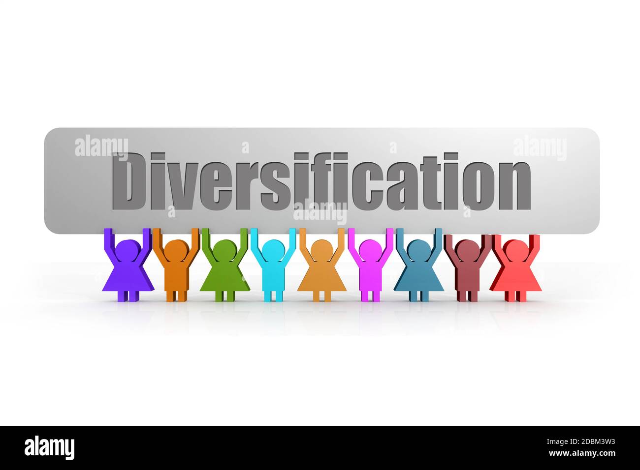 Diversification word on a banner hold by group of puppets, 3D rendering ...