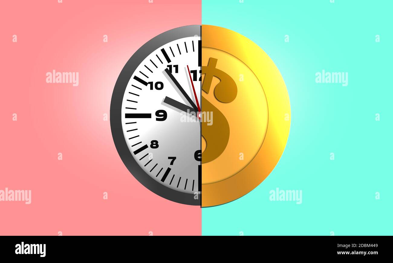 Time is money concept with clock and coin, 3d rendering Stock Photo - Alamy