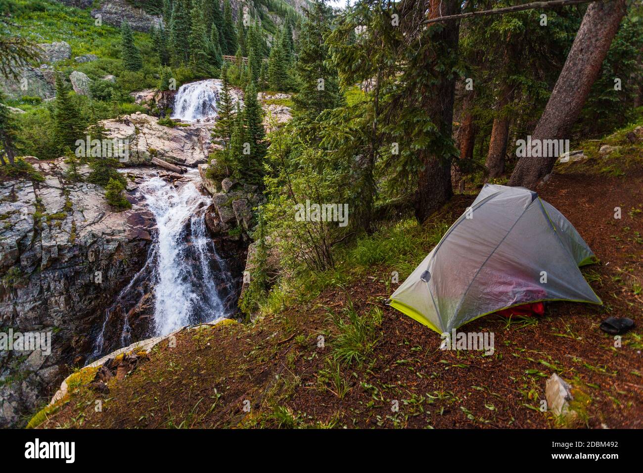 Backcountry campsite next to waterfall on the Colorado Trail Stock ...