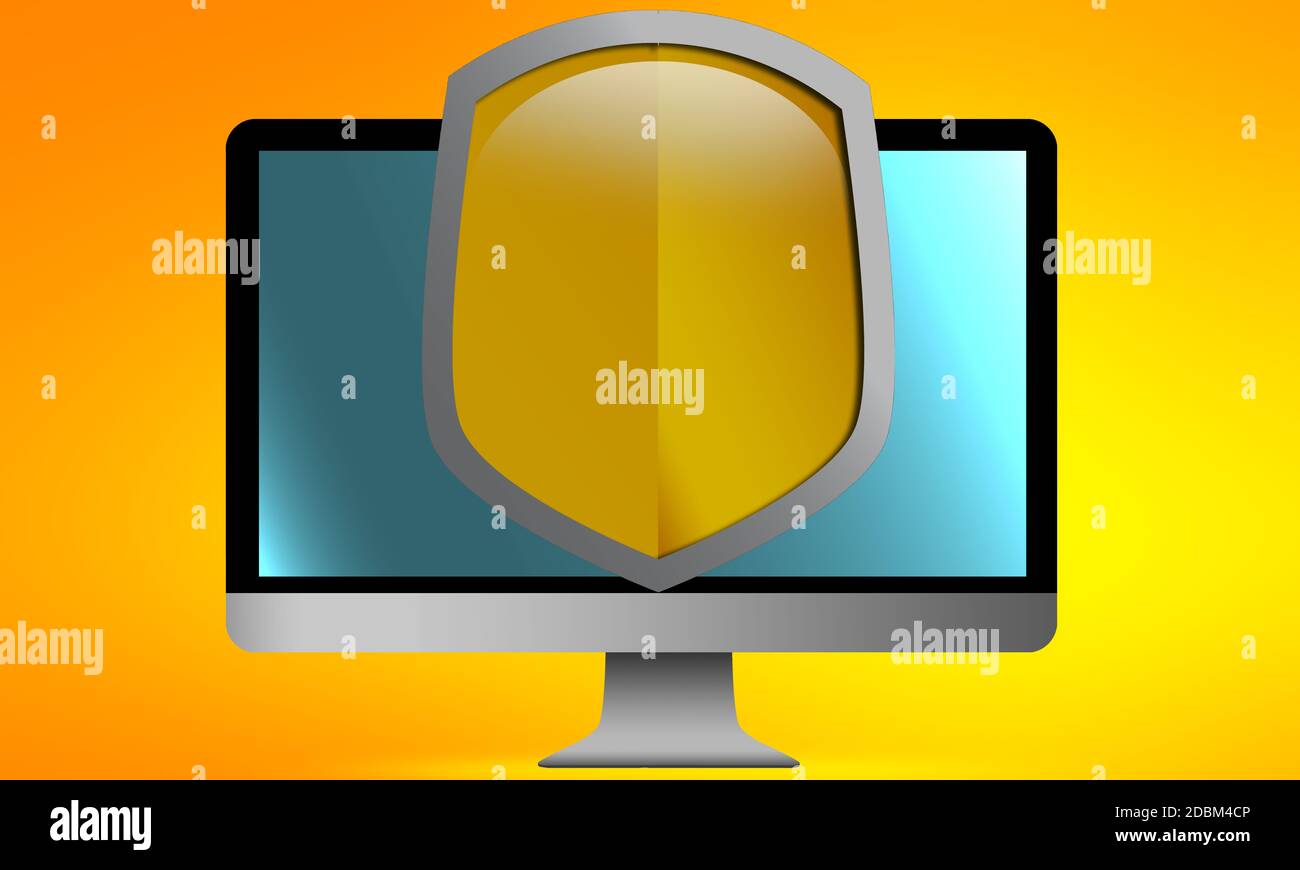 Computer with shield on a screen. Safety concept, 3d rendering Stock ...