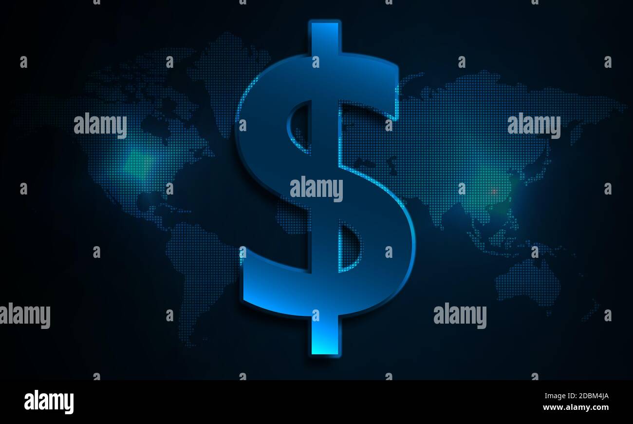 Dollar sign with world map as background, 3d rendering Stock Photo - Alamy