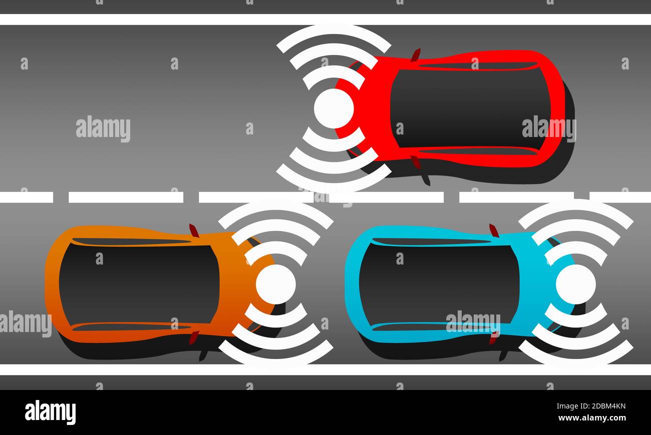 Vehicle to vehicle communication. Autonomus car concept, 3d rendering ...