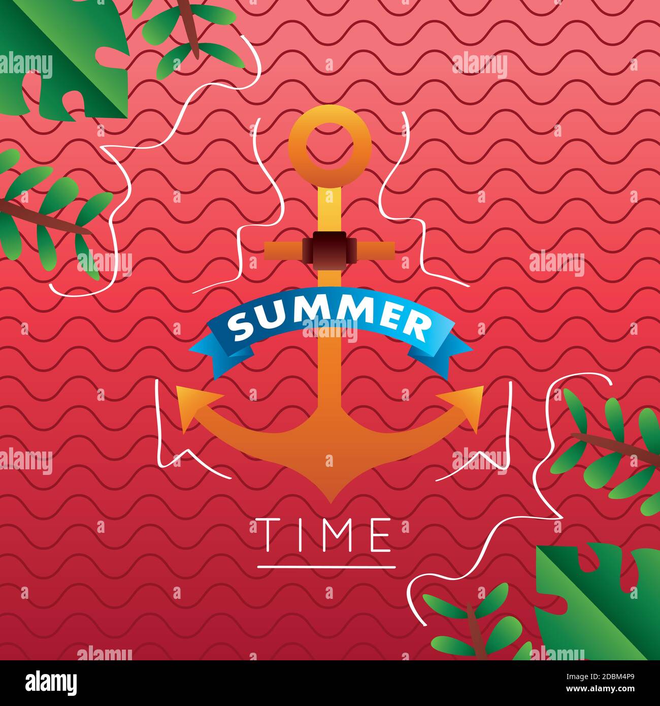summer time season lettering with anchor and ribbon vector illustration ...