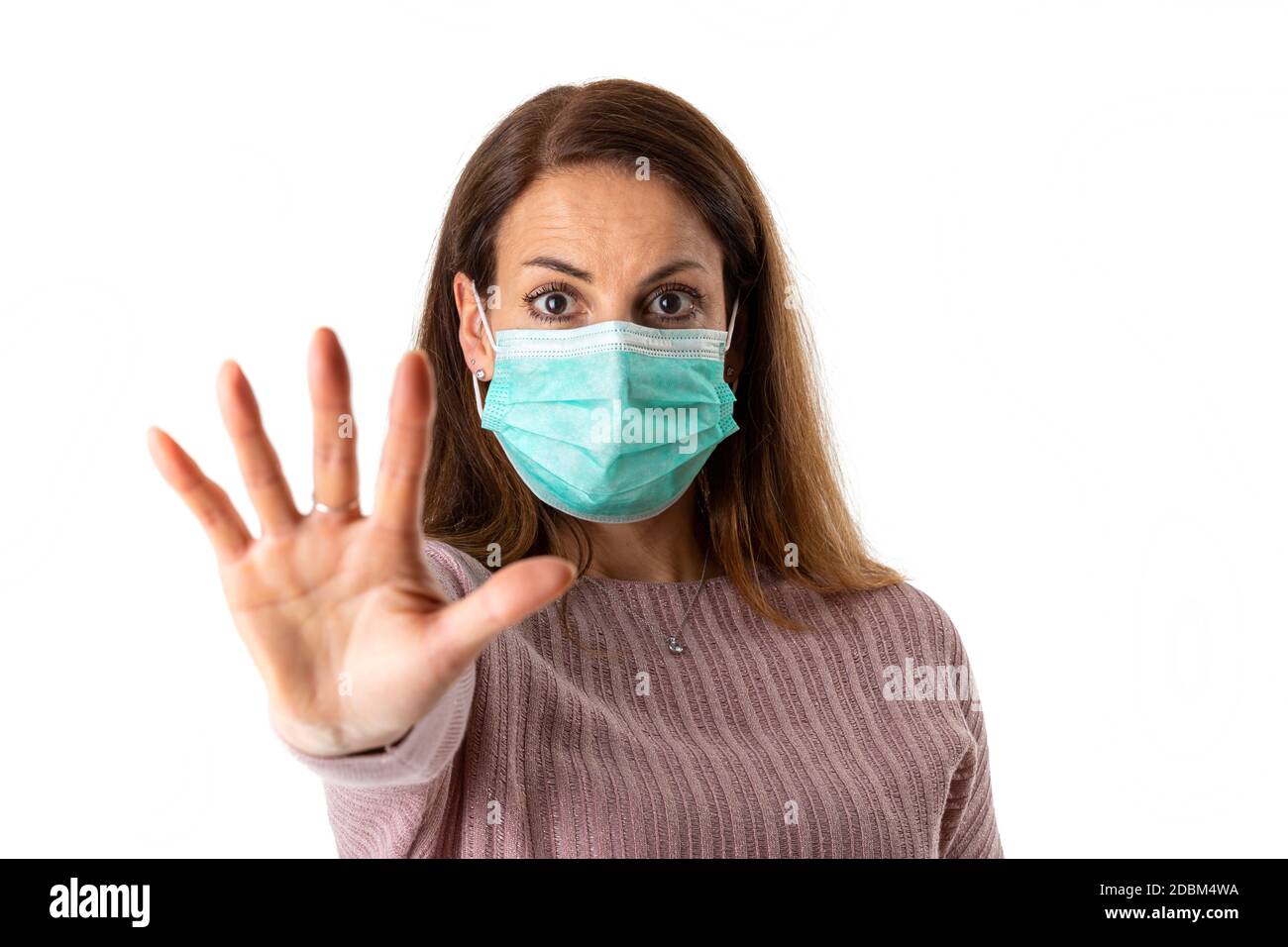 scared woman with a mask on white Stock Photo - Alamy