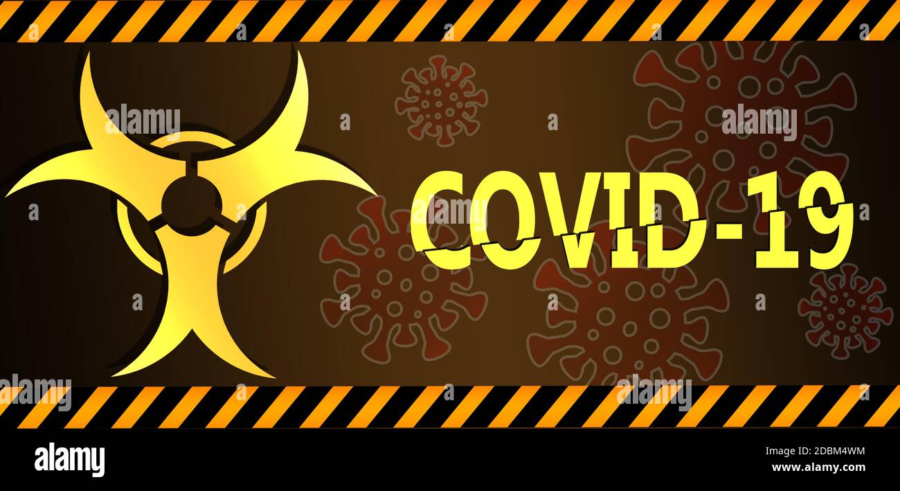 Yellow tapes or ribbons with COVID-19 biohazard sign, 3d rendering ...
