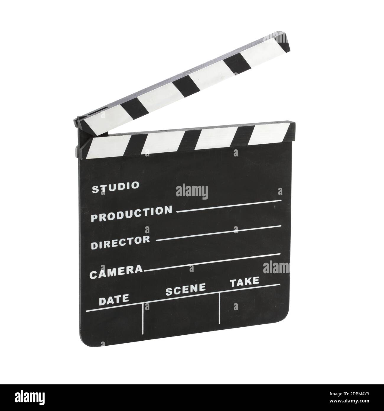 Classic hollywood chalk clapperboard angled isolated on a white ...
