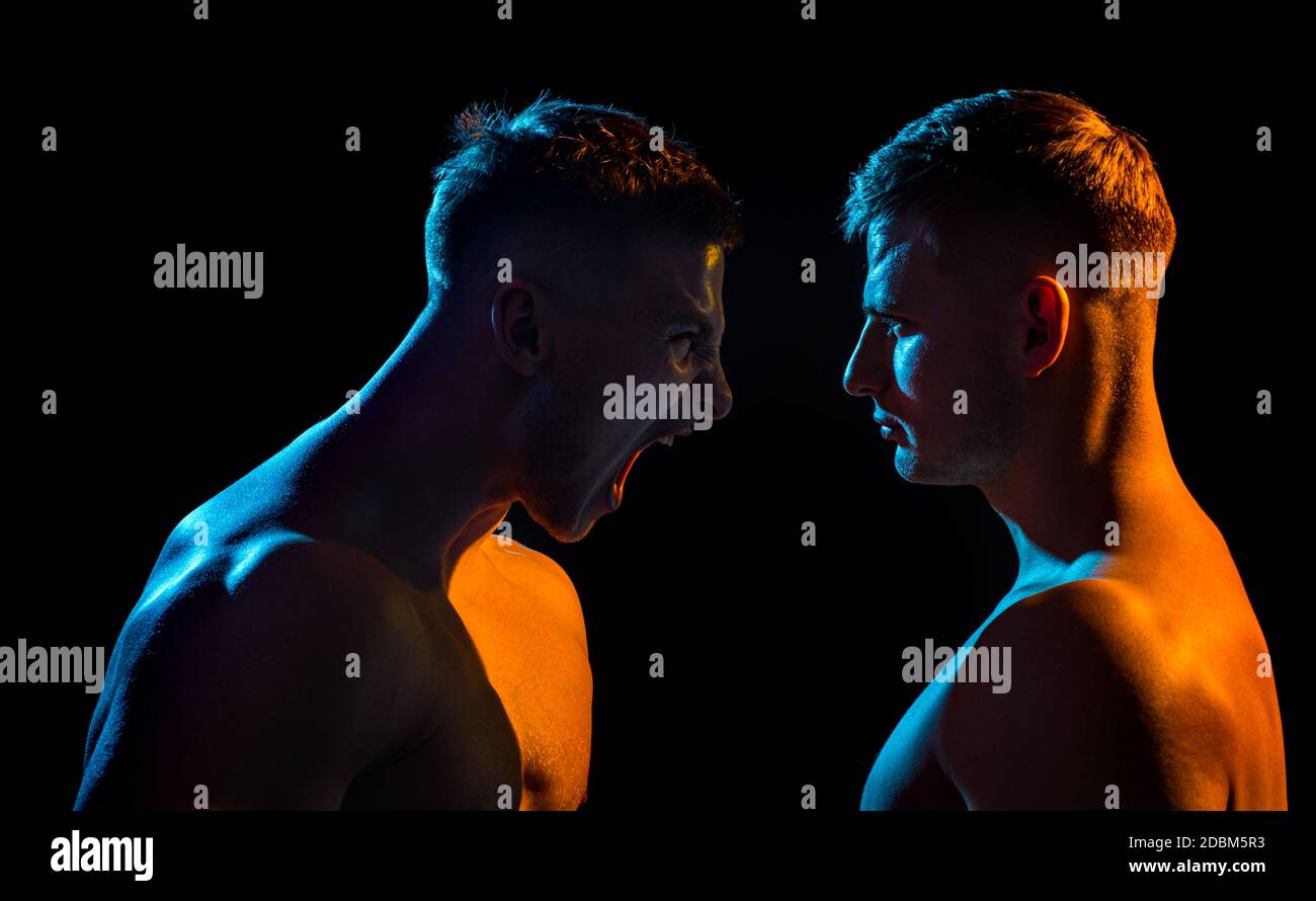 Angry men. Silhouette of man face. Rivalry, shout screaming men Stock ...