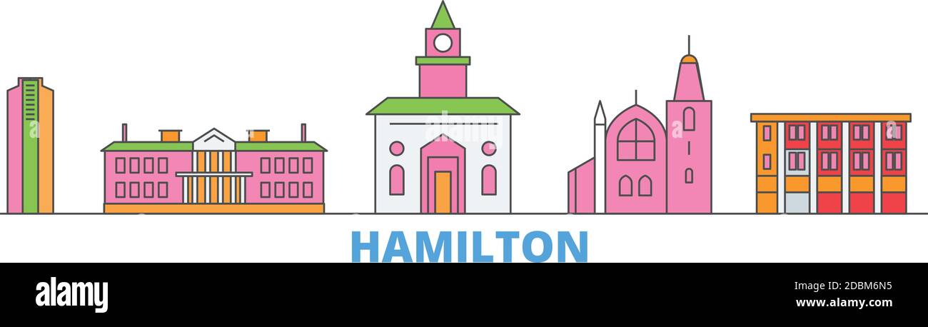 Canada, Hamilton line cityscape, flat vector. Travel city landmark ...